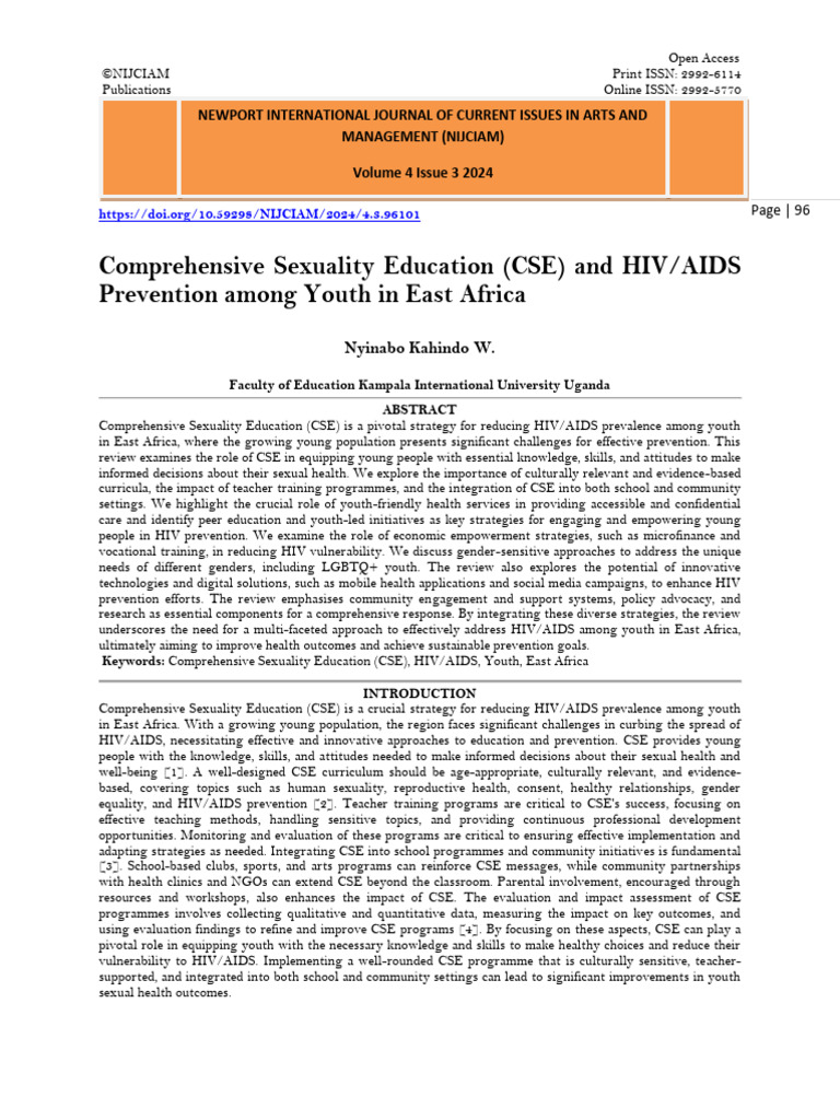 Comprehensive Sexuality Education (CSE) and HIV/AIDS Prevention Among Youth in East Africa (WWW ...