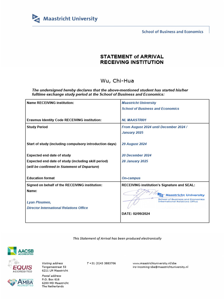 Statement of Arrival SBE | PDF