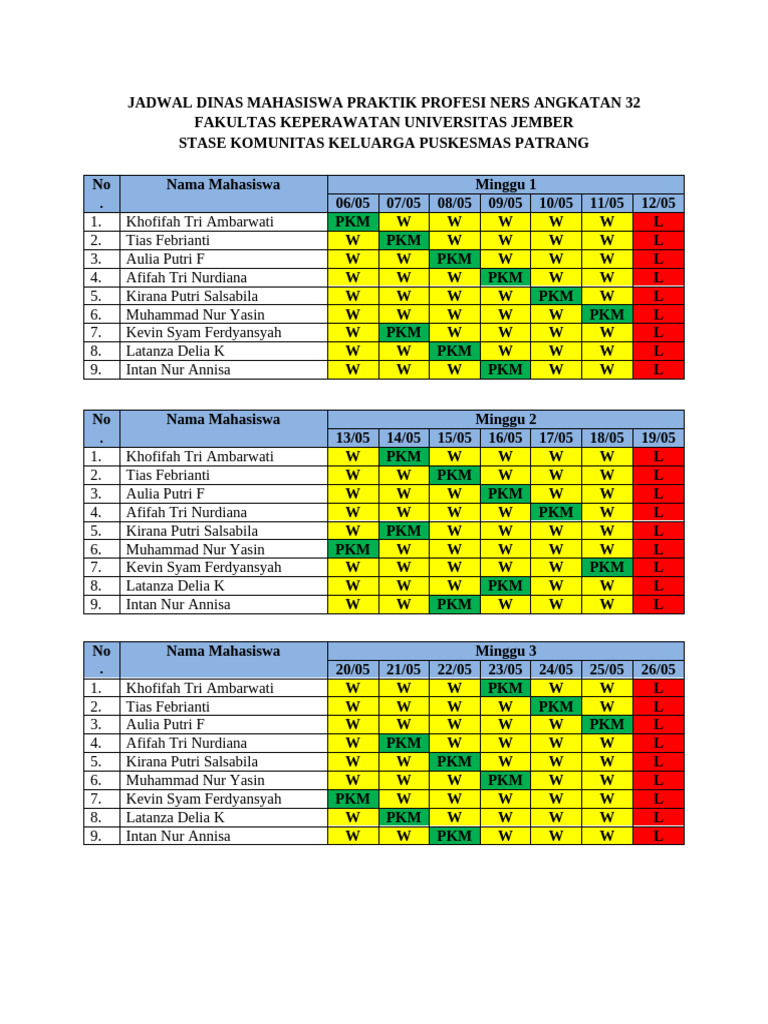 JADWAL DINAS KELAS K_020157 | PDF