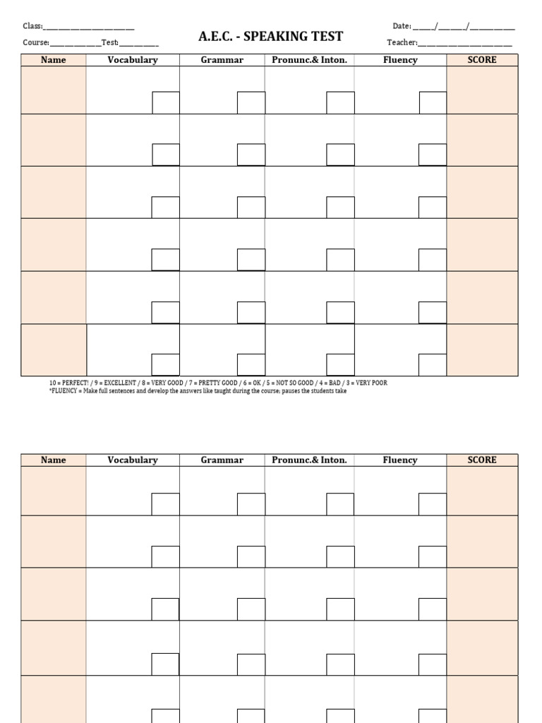 SPEAKING TEST Marking Sheet | PDF