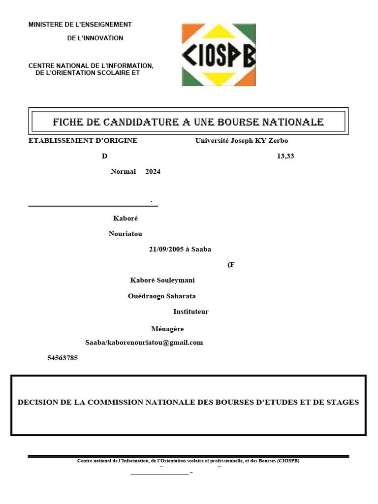 Fiche de Candidature A Une Bourse Nationale | PDF