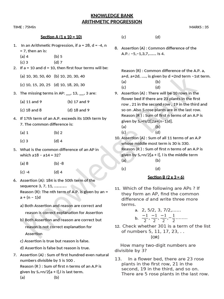 Arithmetic Progression test paper | PDF