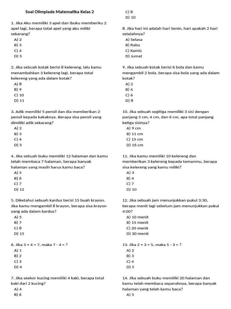 Soal Olimpiade Matematika Kelas 2 | PDF