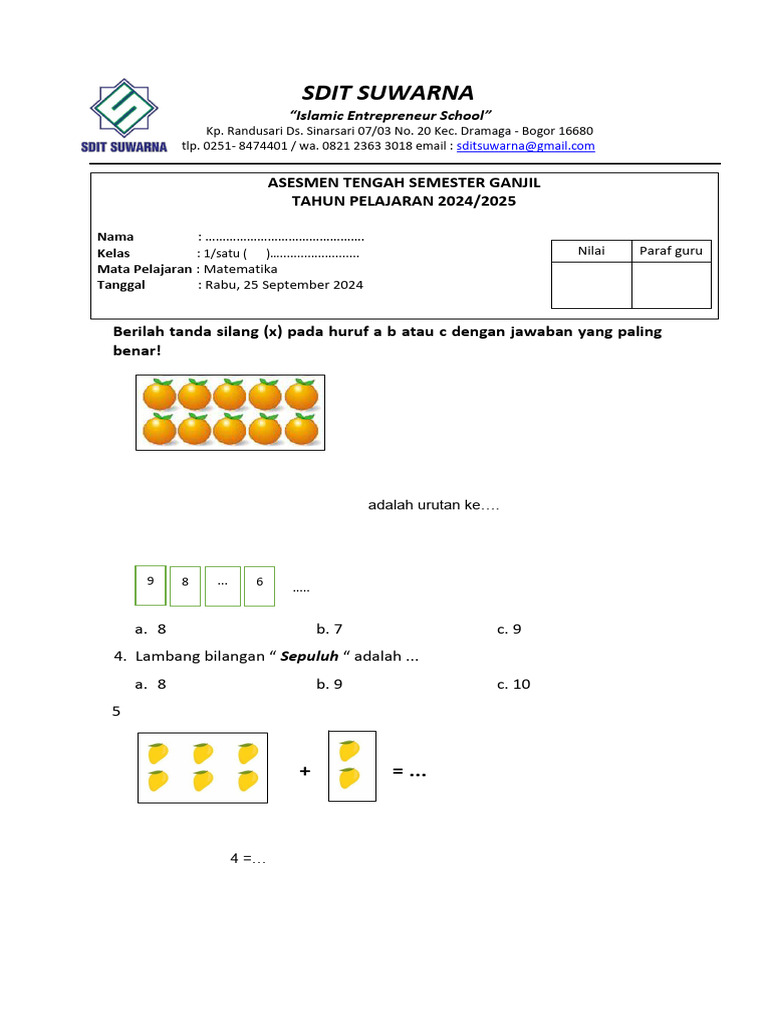 Soal PTS MTK Level 1 - Ganjil | PDF