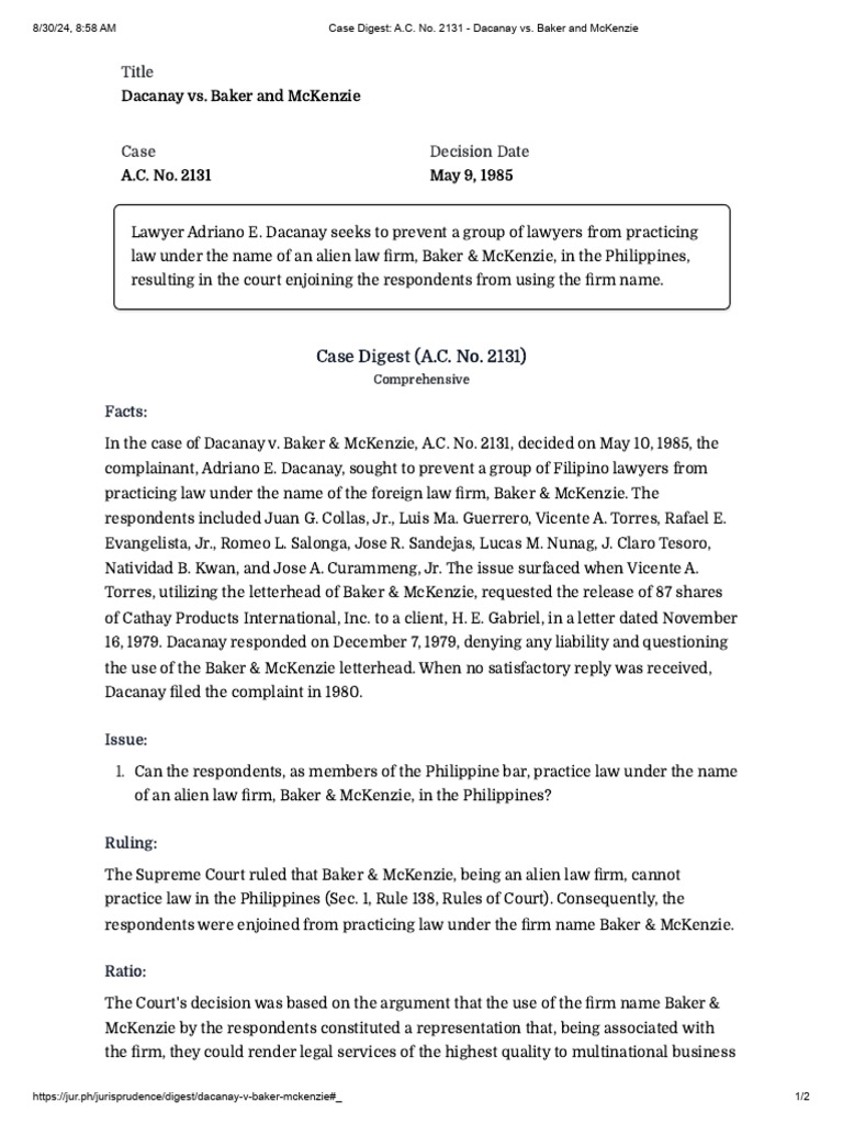 Case Digest - A.C. No. 2131 - Dacanay vs. Baker and McKenzie | PDF