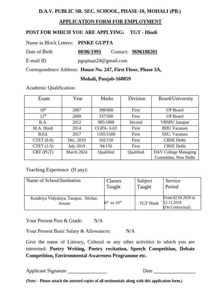 DAV TGT-Hindi Form | PDF