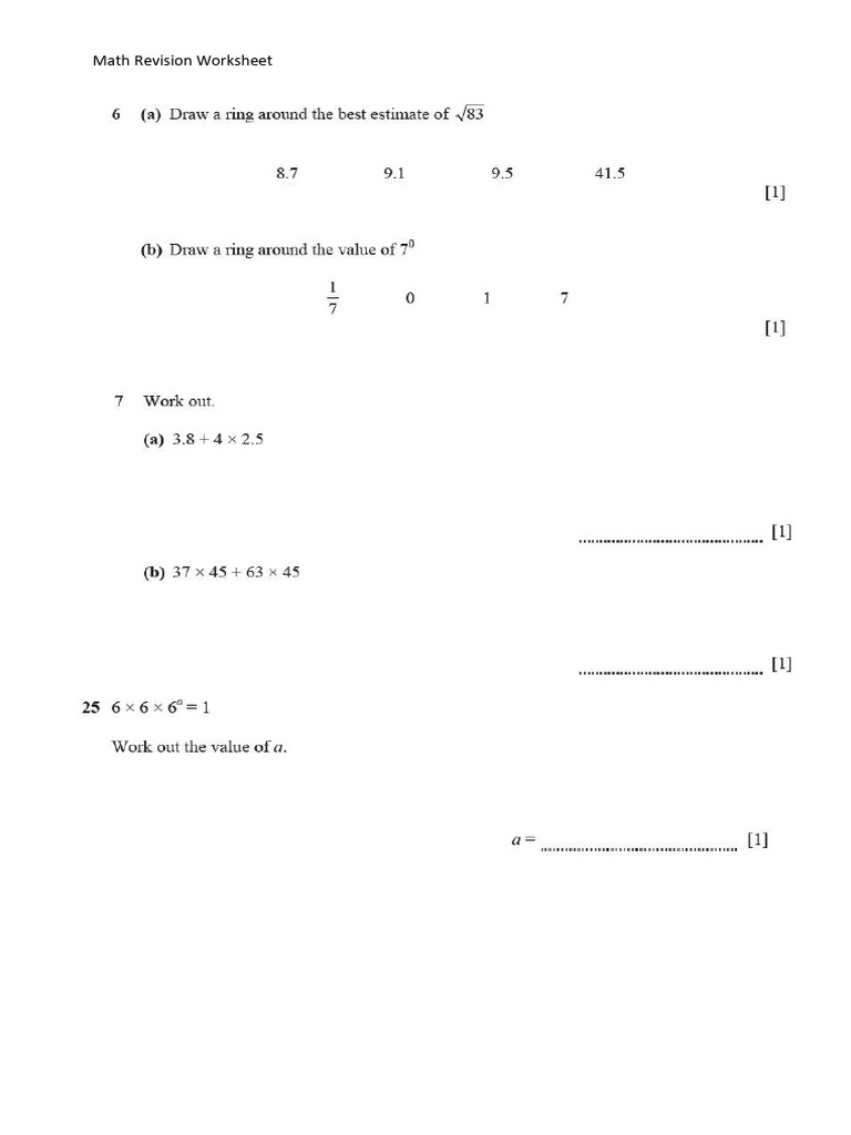 Math Revision Worksheet-Combined | PDF
