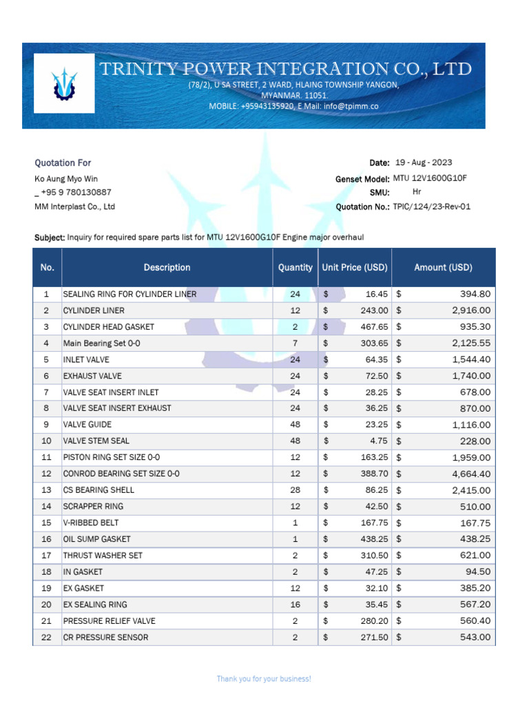 MTU 1600 Parts Rev1 For MM Interplast | PDF