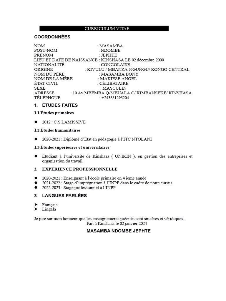 Curriculum Vita de Masamba | PDF