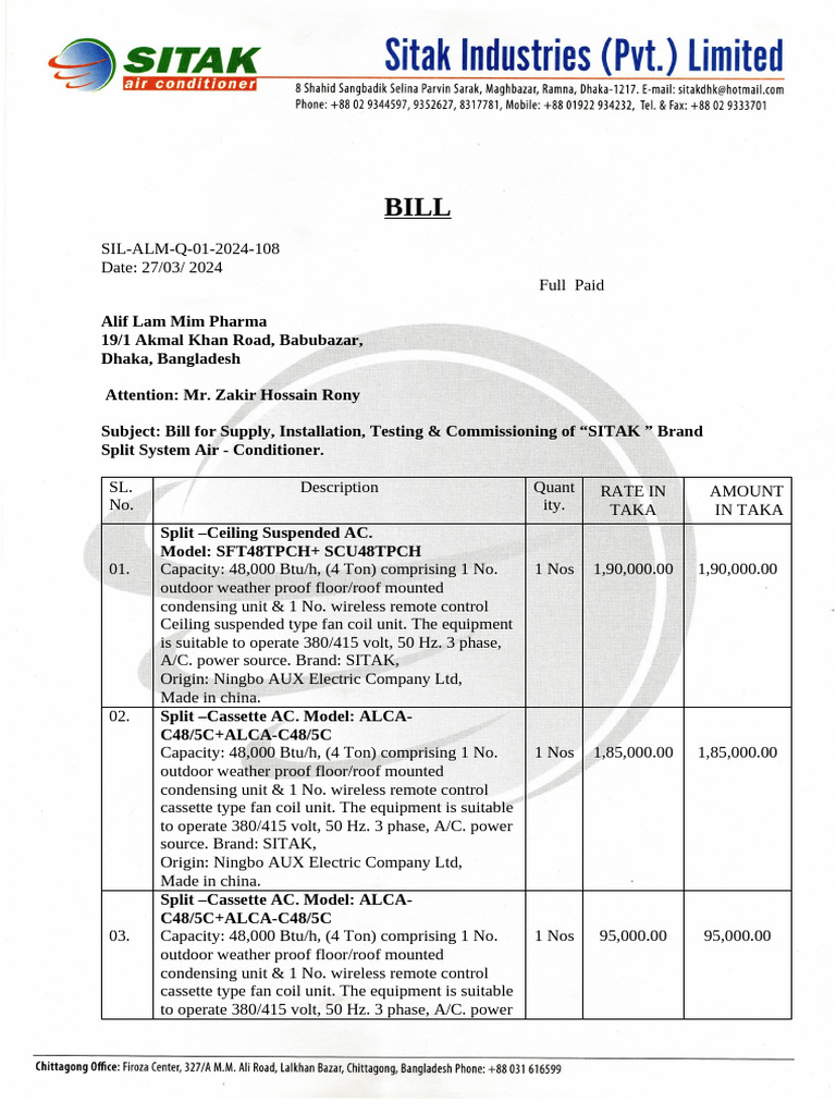 Quotation For Cassette Tyoe Split AC | PDF | Air Conditioning | Temperature