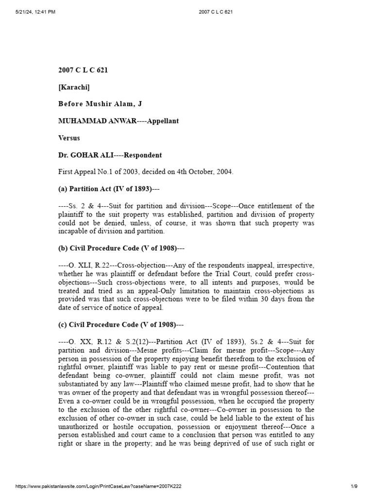 2007 C L C 621 (Karachi) Before Mushir Alam, J MUHAMMAD ANWAR - Appellant Versus Dr. GOHAR ALI ...