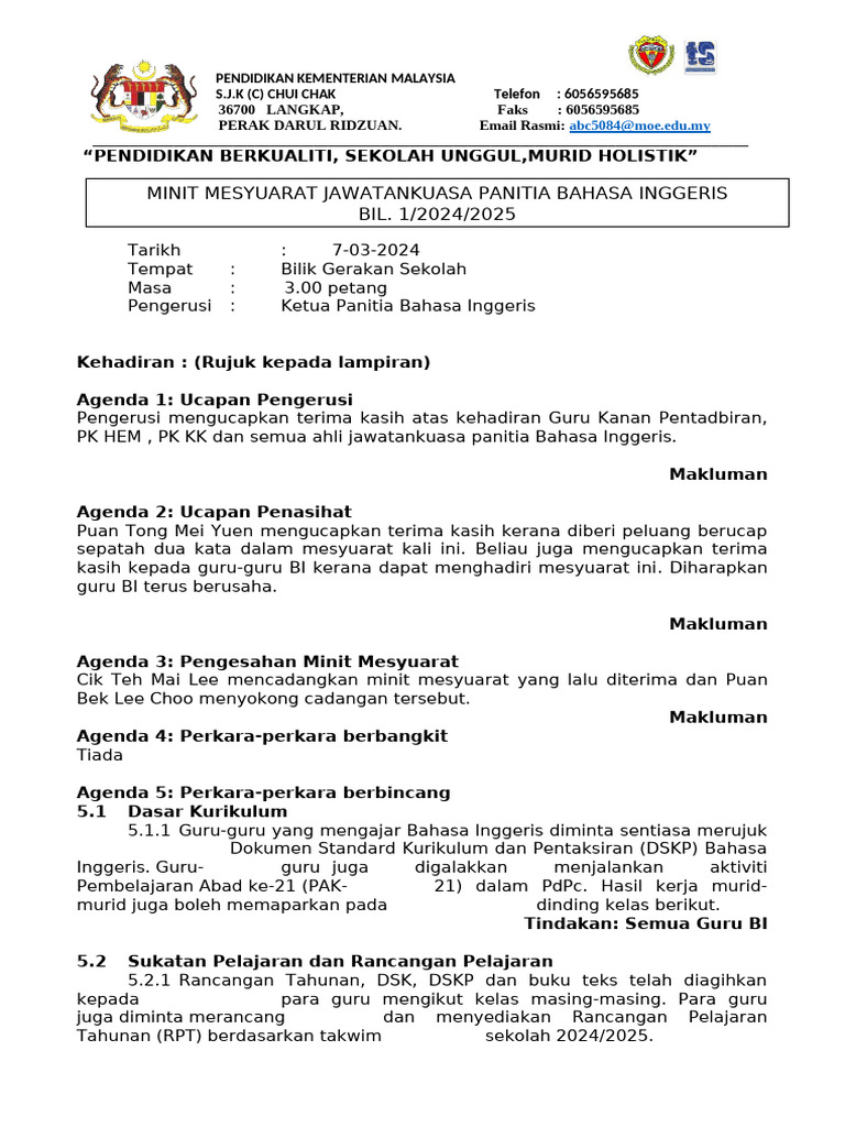 Minit Mesyuarat Panitia BI 1 | PDF