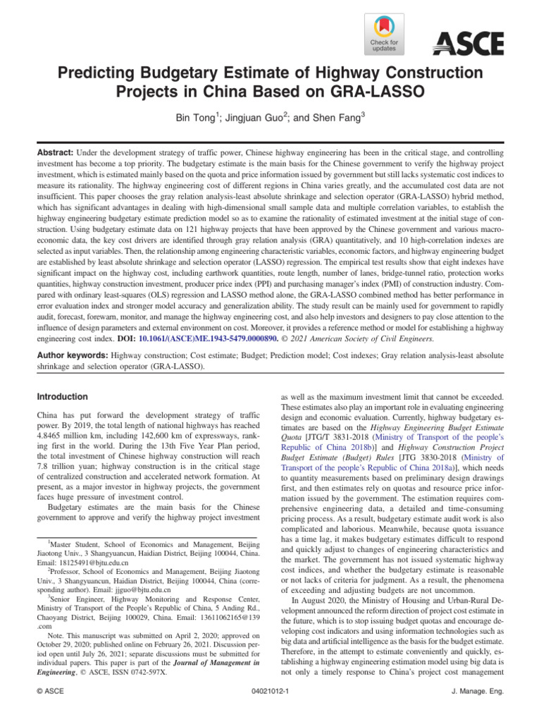 36 Predicting Budgetary Estimate Of Highway Construction Projects In China Based On Gra Lasso Pdf