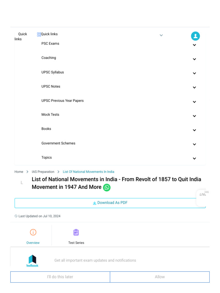 List of Indian National Movements - From 1857 To 1947 - in Detail | PDF