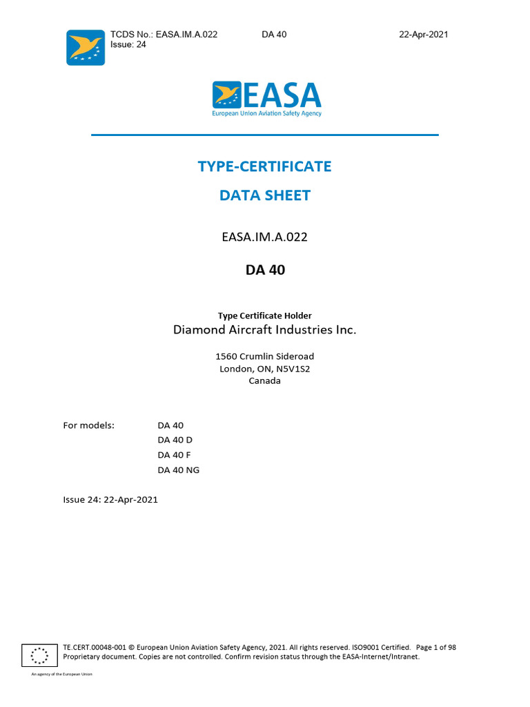 TCDS EASA - IM .A.022 DA40 Issue 24 With Appendix-A | PDF