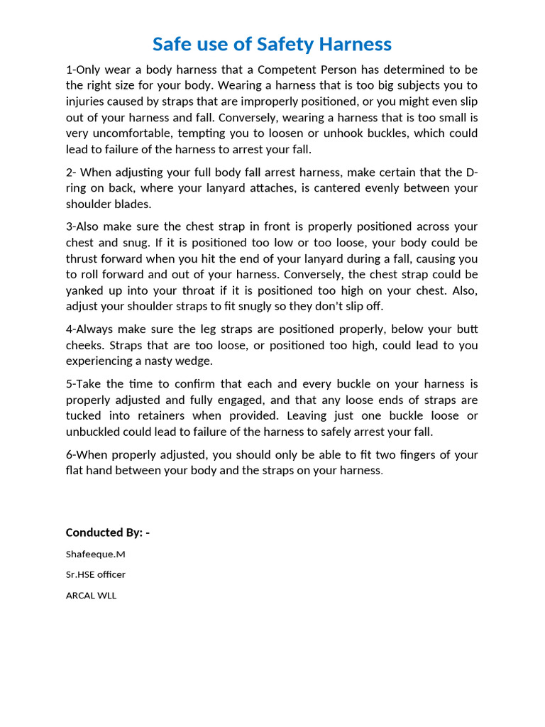 Safe Use of Safety Harness | PDF