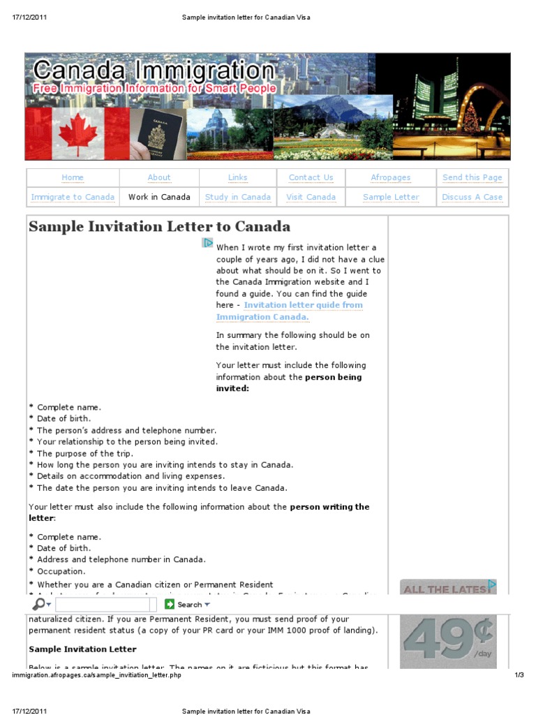 Sample Invitation Letter For Canadian Visa | PDF | Permanent Residence ...