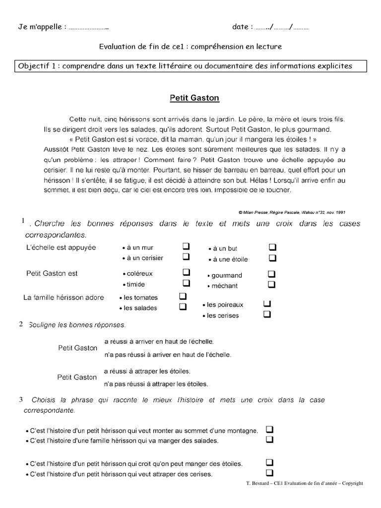 EVAL FIN CE1 Compréhension LIVRET BLEU | PDF