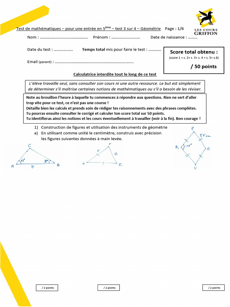 Cours Griffon - Test Maths - Entrée en 5e - Géométrie | PDF