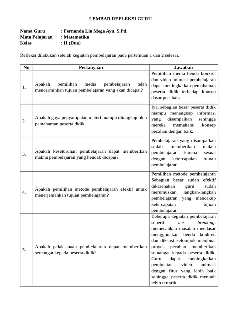 Lembar Refleksi Guru | PDF