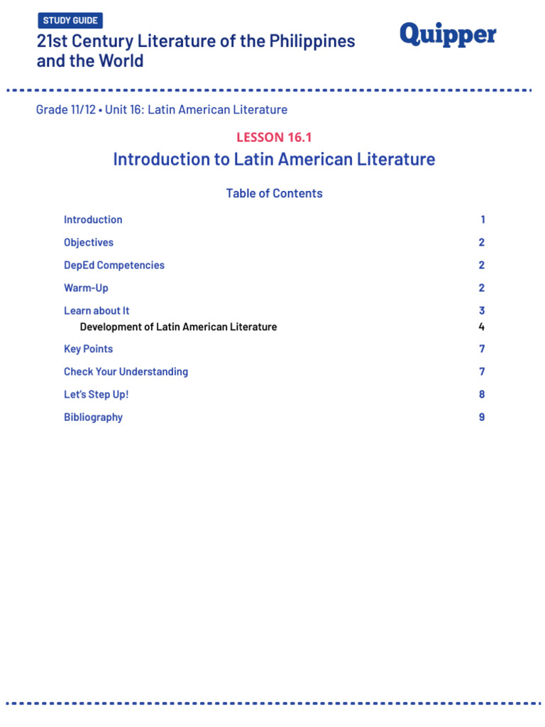 ME EngLT 11 Q1 1601 - SG - Introduction To Latin American Literature ...
