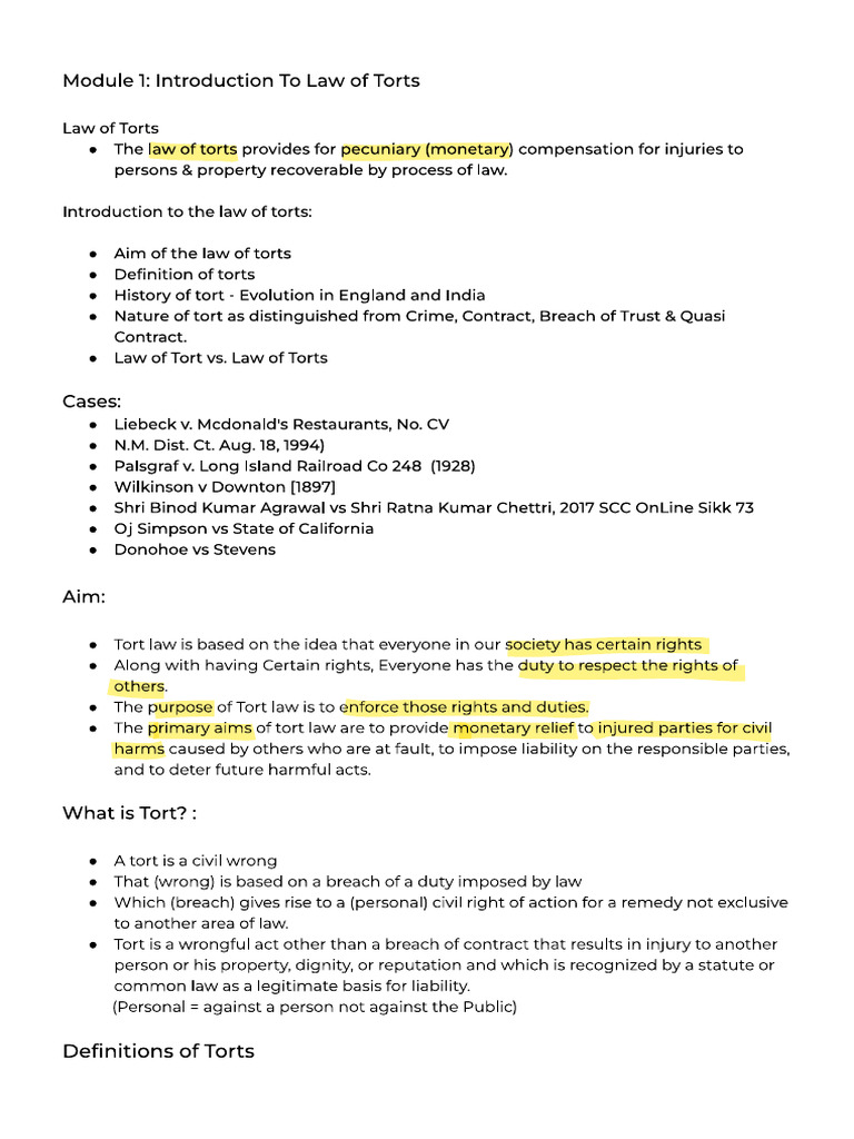 torts Notes Module 1-3 | PDF