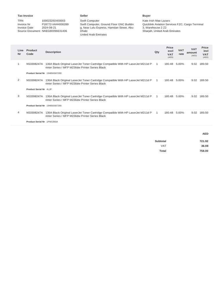 NAEG80096631406 Invoice | PDF | Printer (Computing) | Invoice
