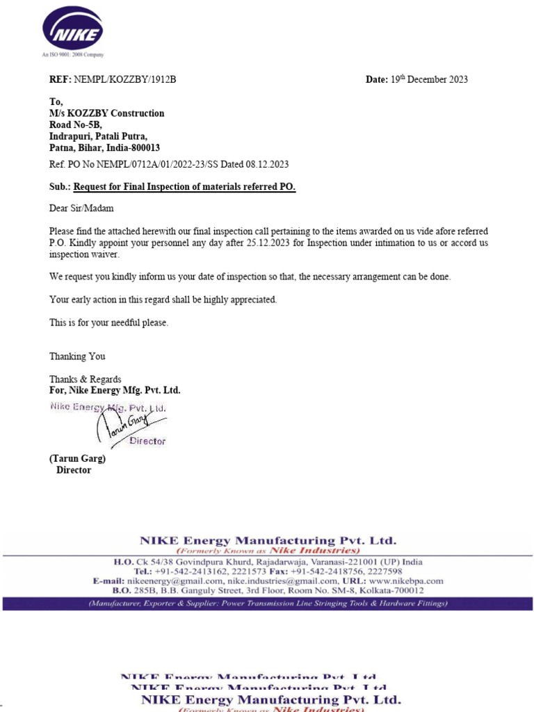 Final Inspection Request for PO NEMPL/0712A | PDF