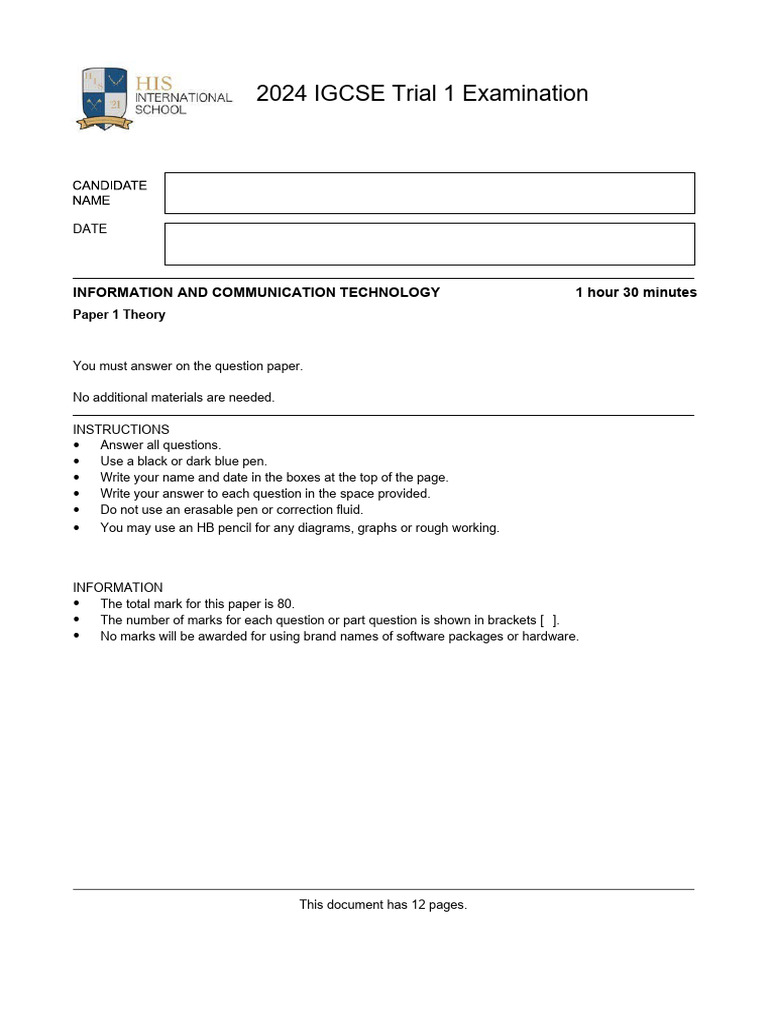 2024 - IGCSE Trial 1 - ICT - Paper1 | PDF