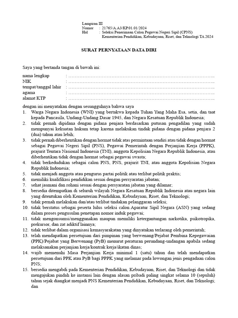 Seleksi Penerimaan CPNS Kemdikbudristek TA 2024-675 | PDF