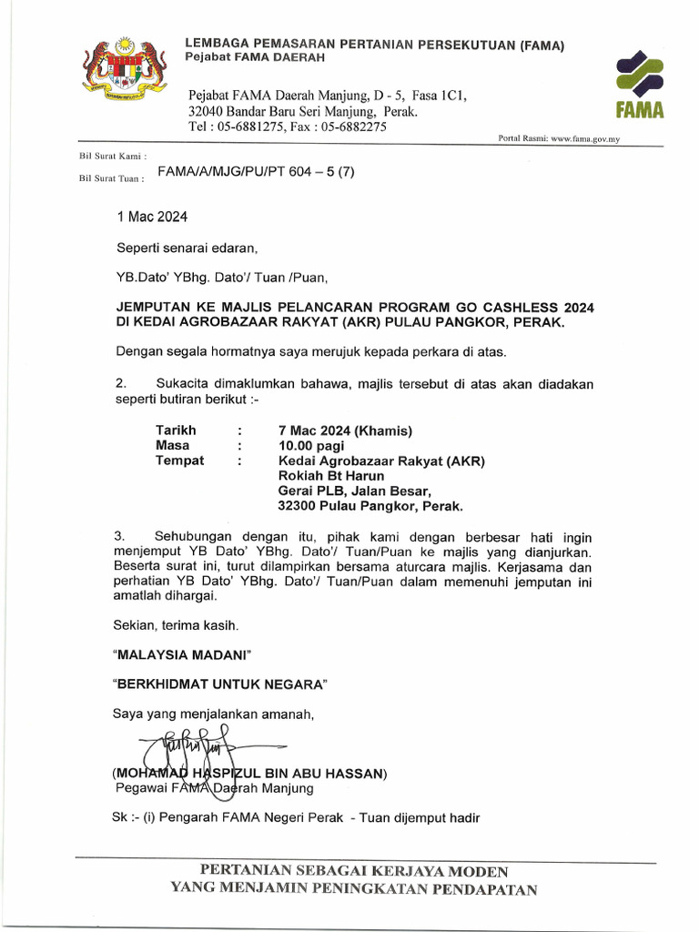 Surat Jemputan Ke Program Go Cashless Akr Pangkor | PDF
