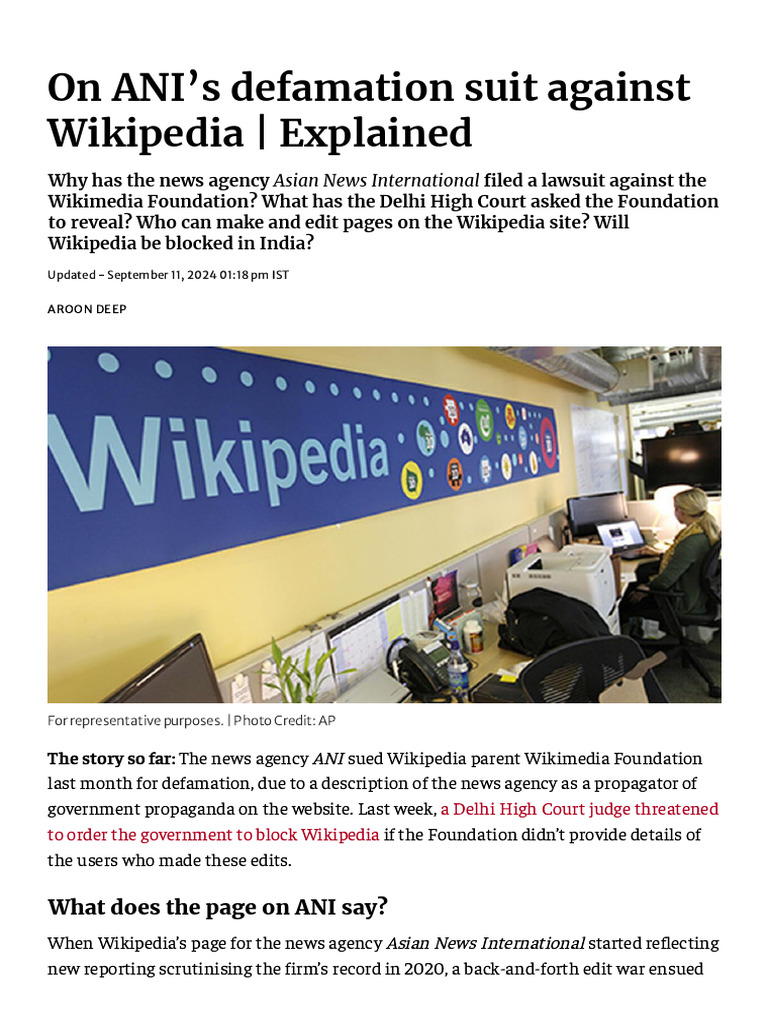 ANI Sues Wikipedia for Defamation | PDF | Wikipedia | Politics