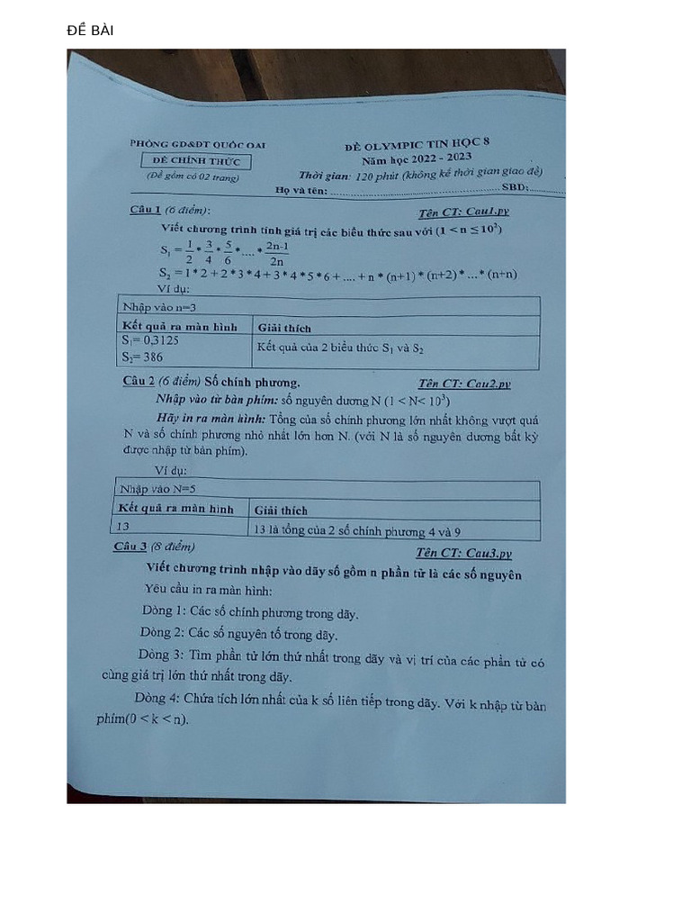 Đề Thi HSG Tin 8 Quốc Oai 2022-2023 | PDF