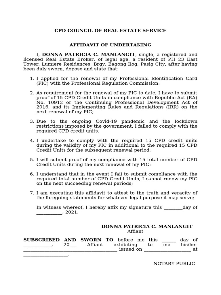 Affidavit of Undertaking For Renewal of Real Estate License | PDF
