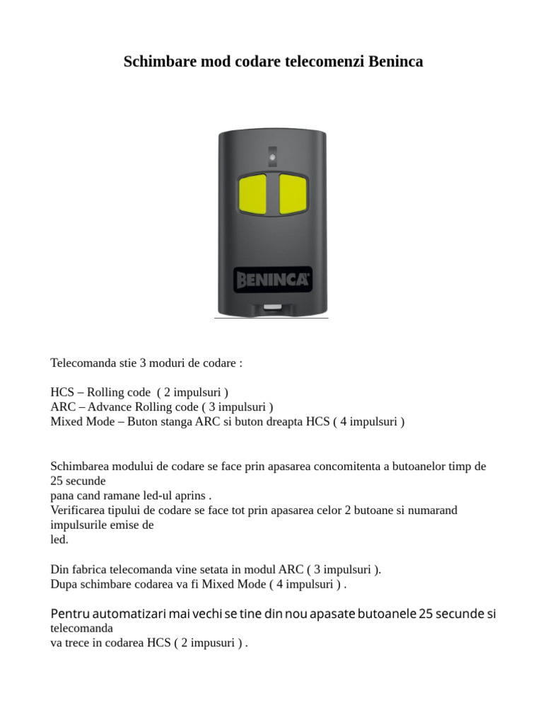 Manual Codare Telecomanda Beninca - To - Go | PDF