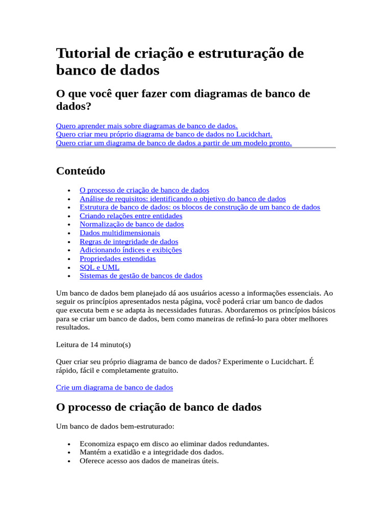 Tutorial de Criação e Estruturação de Banco de Dados | PDF Tutorial de Criação e Estruturação de Banco de Dados | PDF
