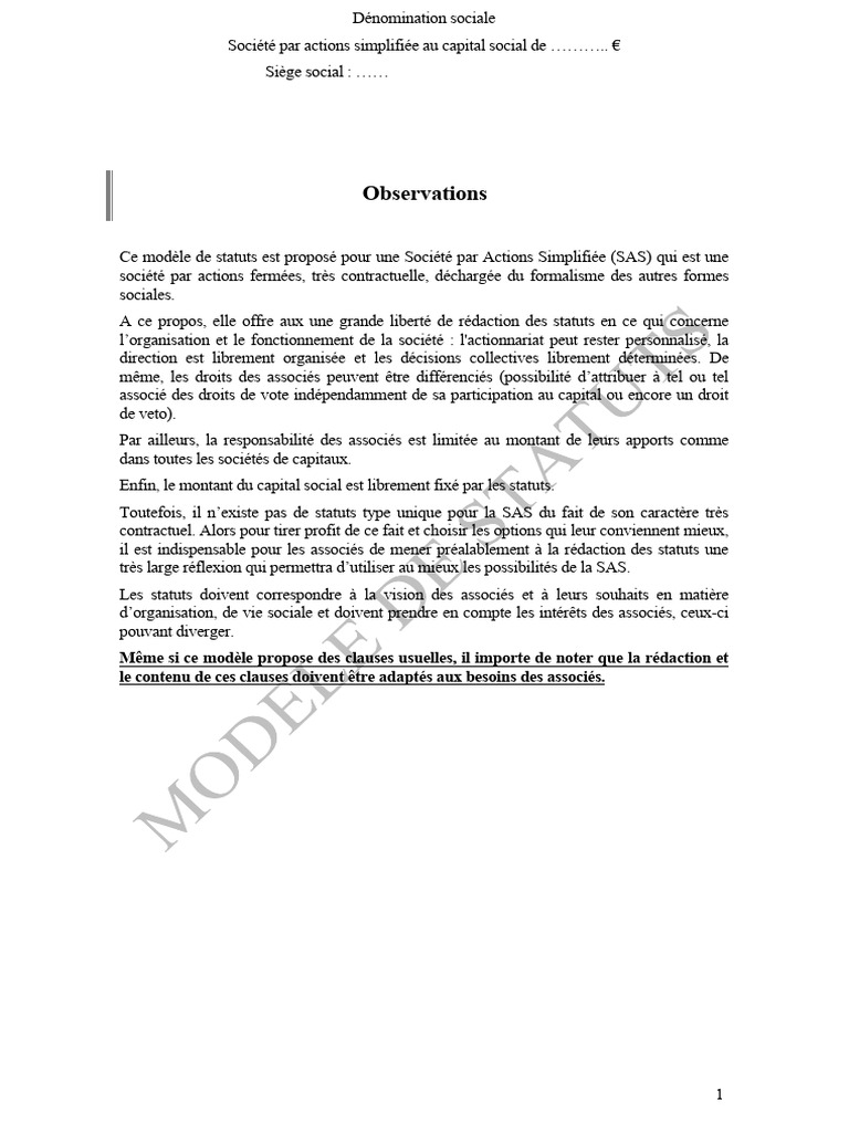 Modele de Statuts - Sas - Labs NS Avocats | PDF