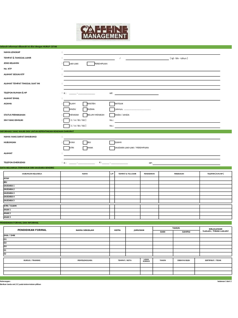 FORM BIODATA_Caffeine Management2 | PDF