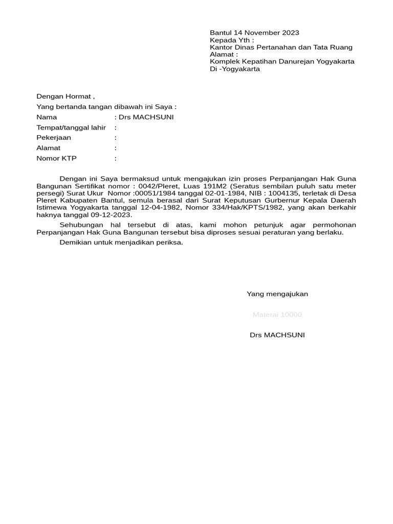 Surat Permohonan Perpanjangan SHGB | PDF