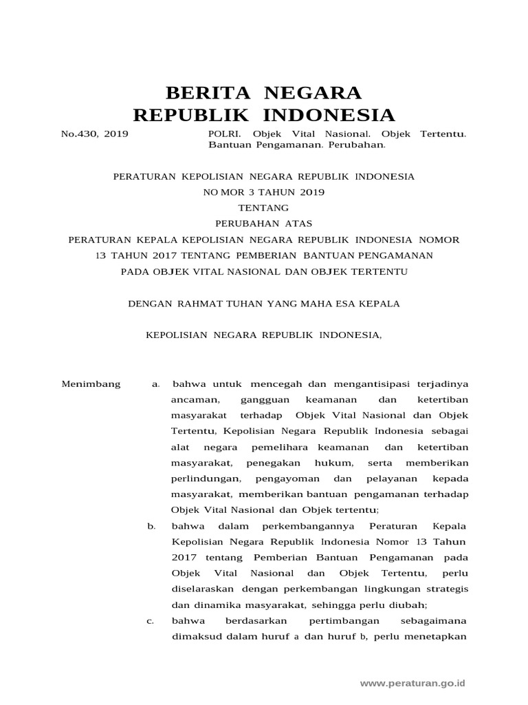 Perpolri No 3 Tahun 2019 Perubahan Pam Obvit | PDF