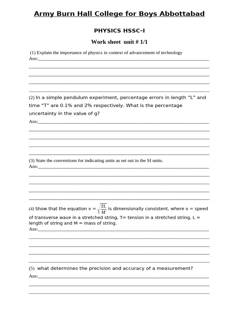 Worksheets Physics HSSC I | PDF