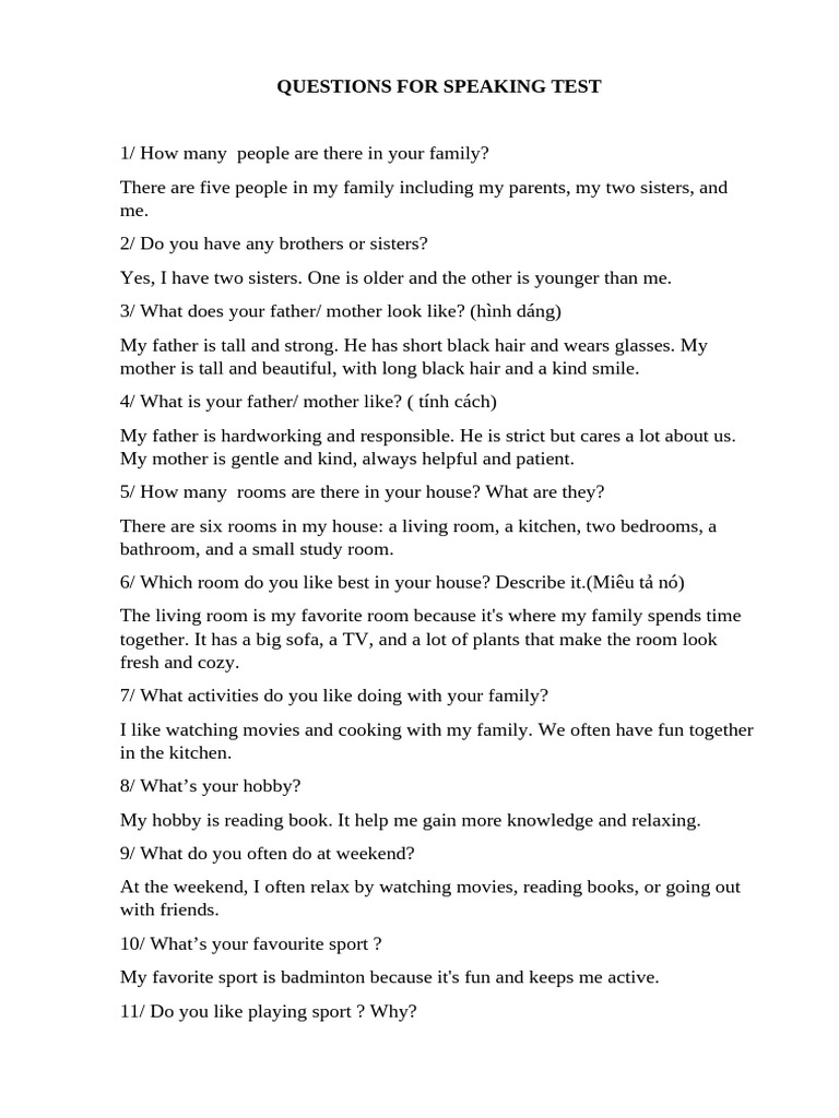 Questions For Speaking Test Ta2.1 | PDF