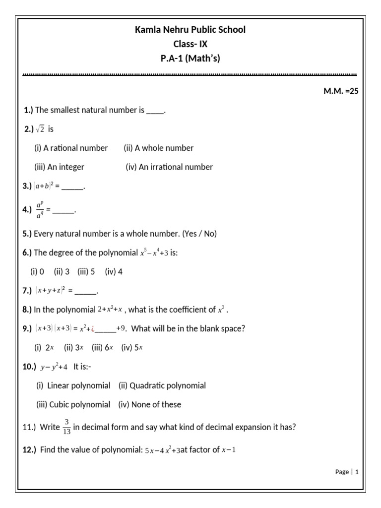 Kamla Nehru Public School, Class 9, Maths | PDF