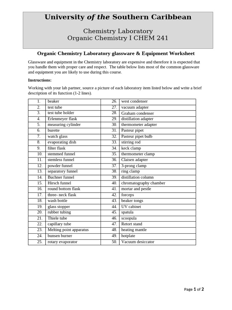 Worksheet 1 - Laboratory Glassware and Equipment | PDF