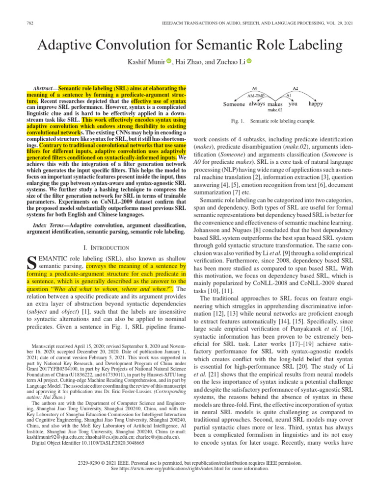 Adaptive Convolution For Semantic Role Labeling | PDF