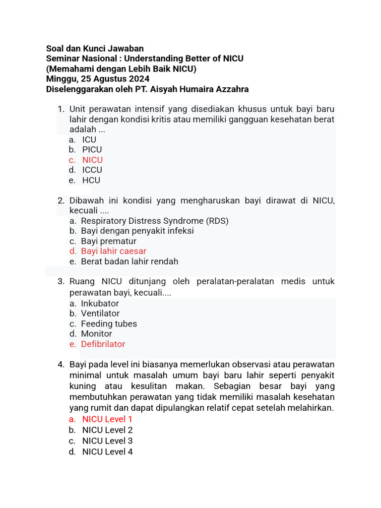 Soal Dan Kunci Jawaban Understanding Better of NICU | PDF