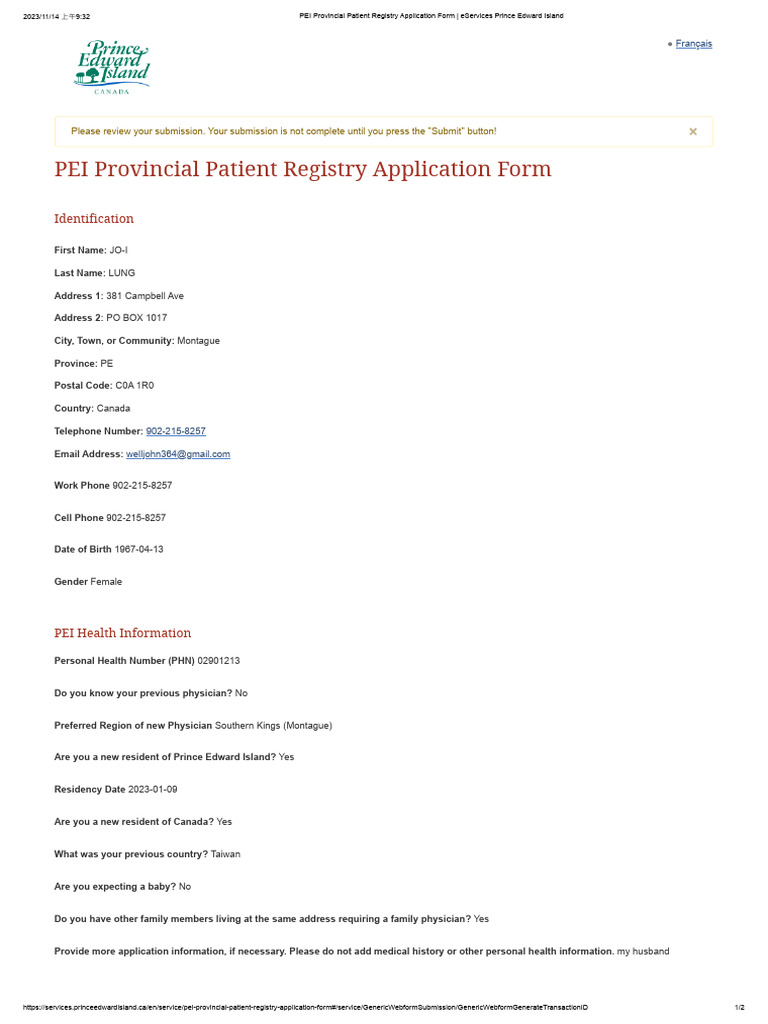PEI Provincial Patient Registry Application Form - Eservices Prince ...