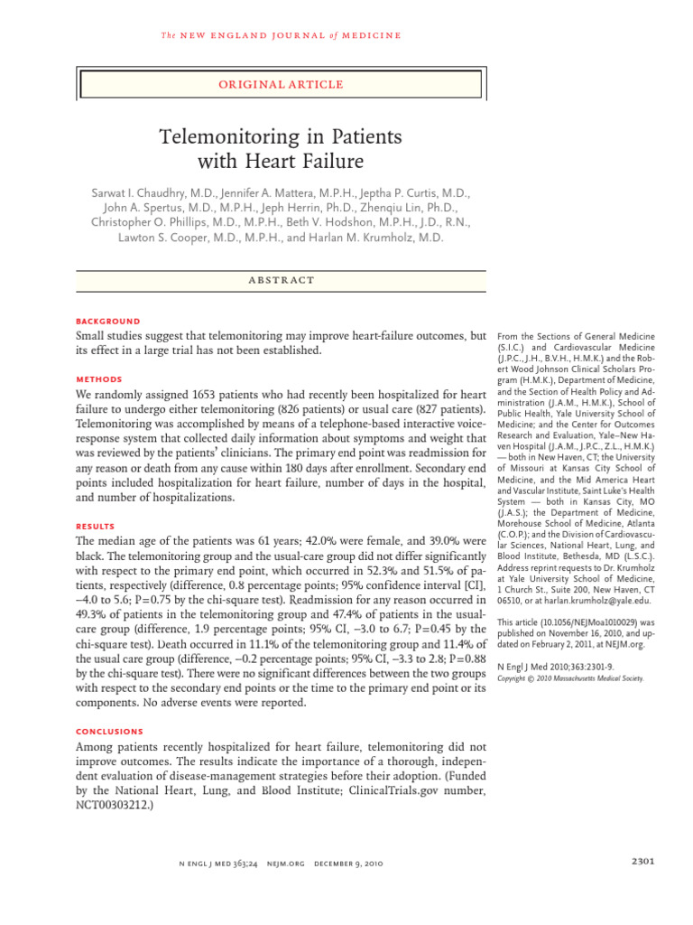 Telemonitoring NEJM | PDF | Heart Failure | Science & Mathematics