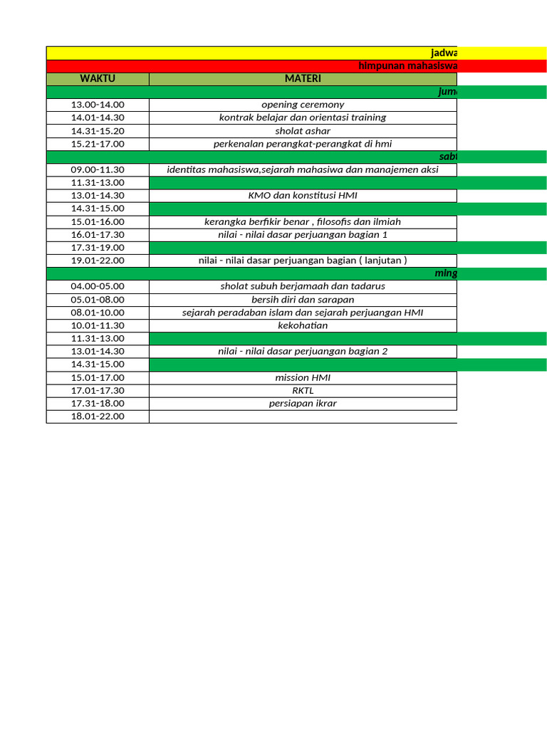 Jadwal Basic Training (lk-1) Himpunan Mahasiswa Islam Komisariat Secabang Merauke Waktu Materi | PDF