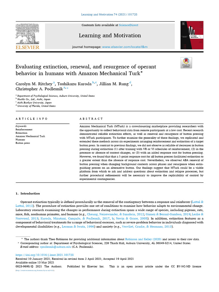 Extinction and Renewal in MTurk Behavior | PDF | Reinforcement | Experiment